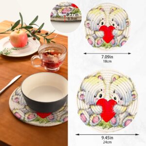 Kitchen Pot Holders Set 2 Pcs Valentine Day Teddy Bear Congratulation Festive Cotton Thread Weave Trivets Set Stylish Coasters for Hot Dishes Pot Bowl Coffee Hot Pot Holders