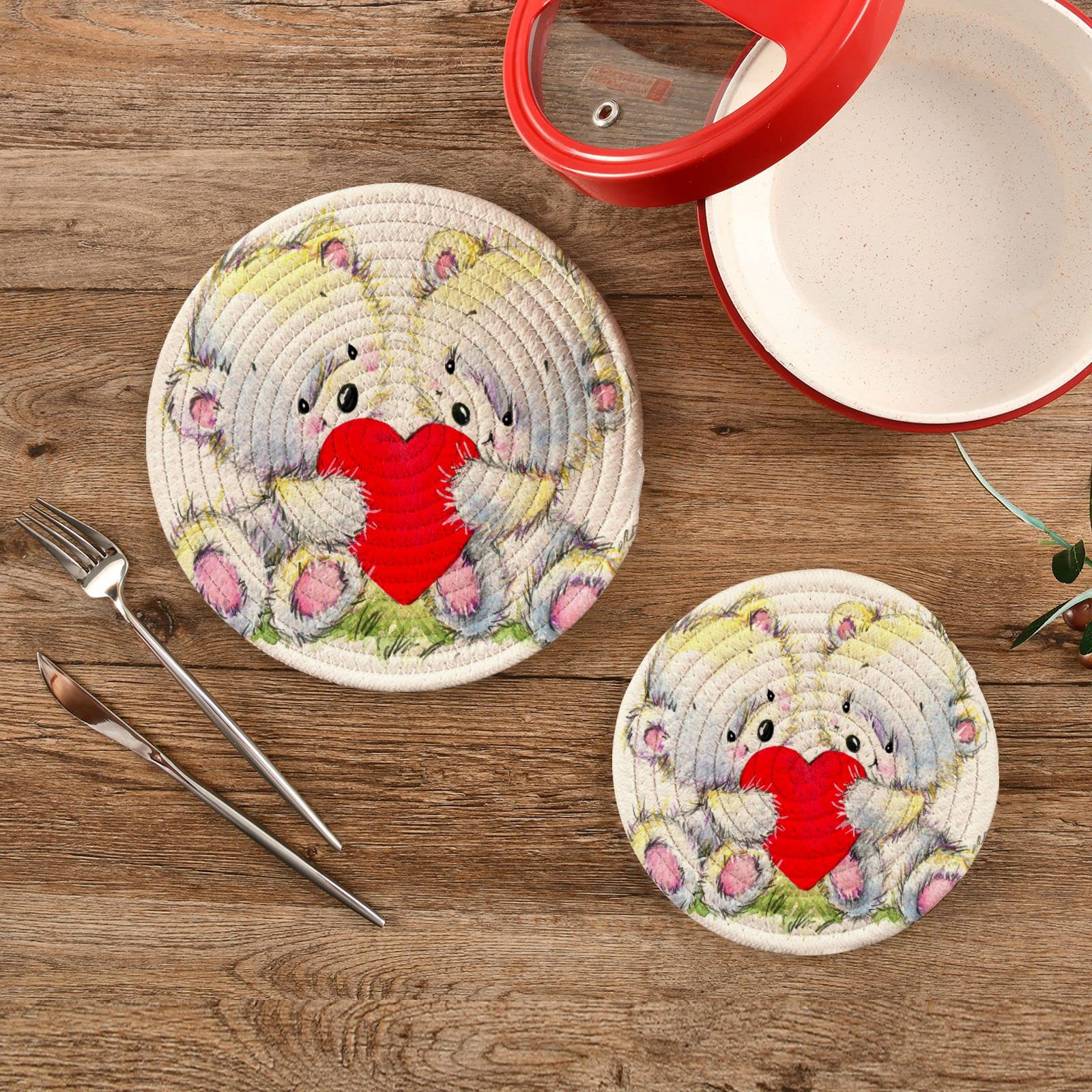 Kitchen Pot Holders Set 2 Pcs Valentine Day Teddy Bear Congratulation Festive Cotton Thread Weave Trivets Set Stylish Coasters for Hot Dishes Pot Bowl Coffee Hot Pot Holders