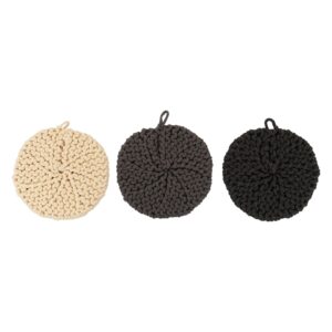 creative co-op cotton crocheted, 3 colors pot holders, 8" l x 8" w x 1" h, multicolor