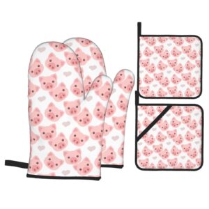 cute pig oven mitts and pot holders set of 4 washable heat resistant kitchen gloves waterproof oven gloves and hot pads for cooking grilling bbq baking