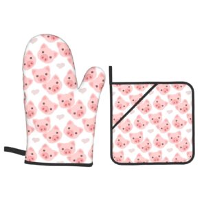 Cute Pig Oven Mitts and Pot Holders Set of 4 Washable Heat Resistant Kitchen Gloves Waterproof Oven Gloves and Hot Pads for Cooking Grilling BBQ Baking