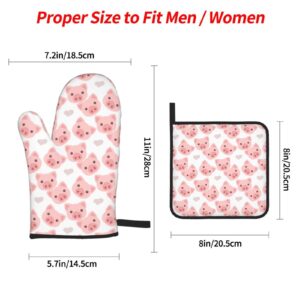 Cute Pig Oven Mitts and Pot Holders Set of 4 Washable Heat Resistant Kitchen Gloves Waterproof Oven Gloves and Hot Pads for Cooking Grilling BBQ Baking