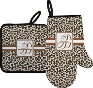 personalized leopard print right oven mitt & pot holder set w/name and initial