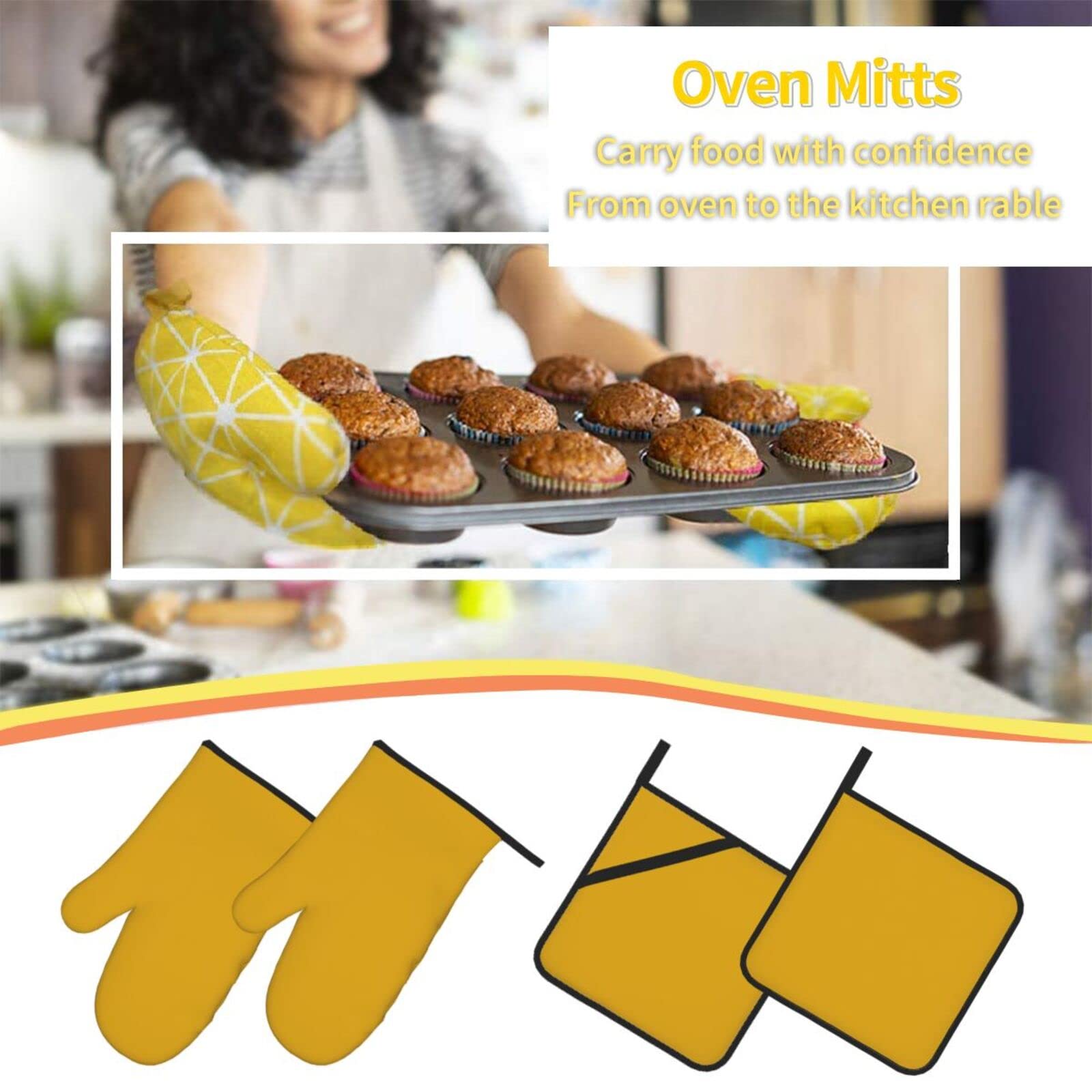 Mustard Yellow Printed Heat Resistant Oven Mitts and Pot Holders for Kitchens,BBQ,Cooking,Baking (4 Piece Set)