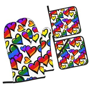 Rainbow Colored Gay Pride Hearts Printed Oven Mitts and Pot Holders Sets (4-Piece Set) with Durable Heat Resistant for Baking Cooking