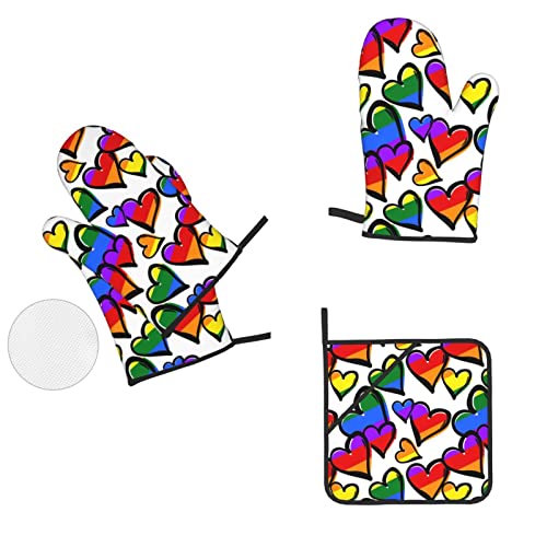 Rainbow Colored Gay Pride Hearts Printed Oven Mitts and Pot Holders Sets (4-Piece Set) with Durable Heat Resistant for Baking Cooking