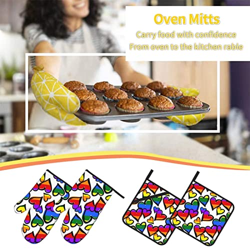 Rainbow Colored Gay Pride Hearts Printed Oven Mitts and Pot Holders Sets (4-Piece Set) with Durable Heat Resistant for Baking Cooking