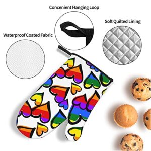 Rainbow Colored Gay Pride Hearts Printed Oven Mitts and Pot Holders Sets (4-Piece Set) with Durable Heat Resistant for Baking Cooking