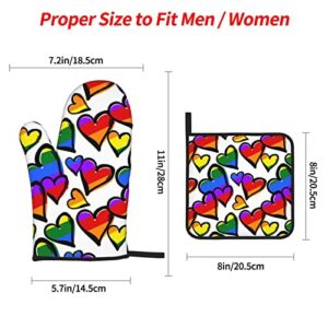 Rainbow Colored Gay Pride Hearts Printed Oven Mitts and Pot Holders Sets (4-Piece Set) with Durable Heat Resistant for Baking Cooking