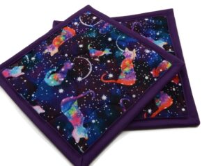 colorful cats in space pot holders - set of 2-8 inch square cotton fabric in blue, purple and white