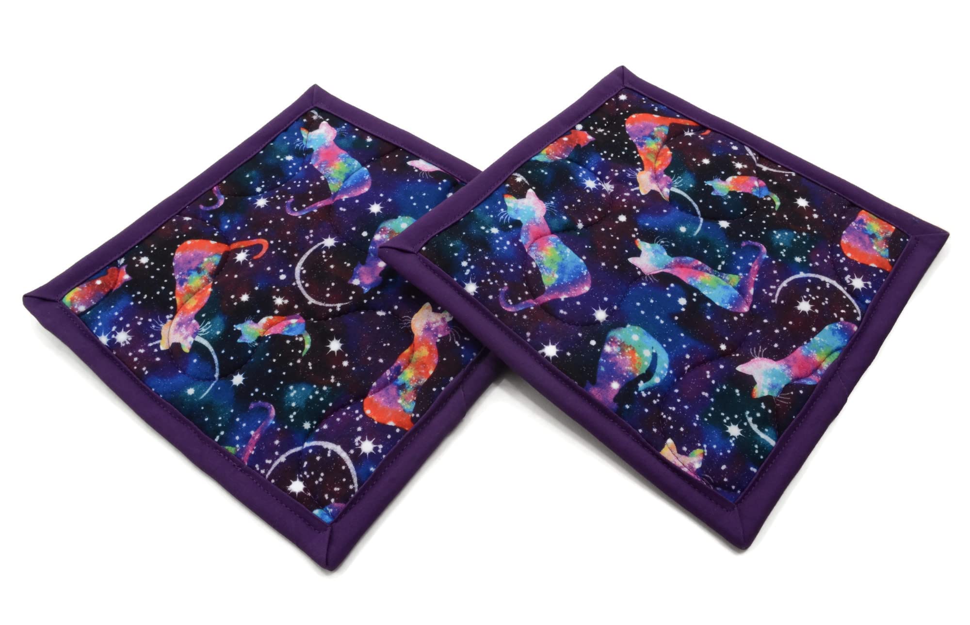 Colorful Cats in Space Pot Holders - Set of 2-8 Inch Square Cotton Fabric in Blue, Purple and White