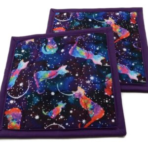 Colorful Cats in Space Pot Holders - Set of 2-8 Inch Square Cotton Fabric in Blue, Purple and White