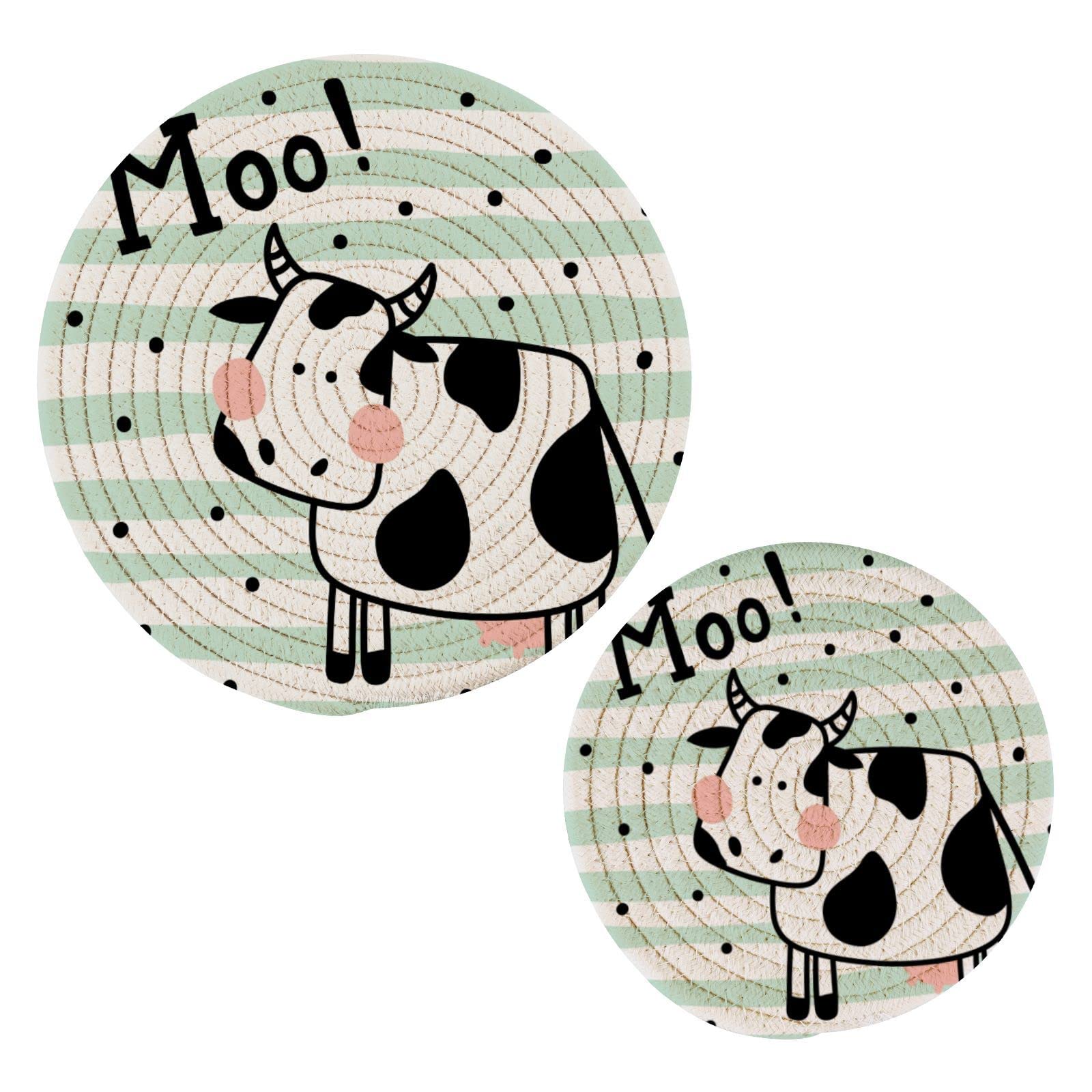 Kigai Cute Cow Pot Holders for Kitchen Round Cotton Pot Holder Set of 2, Heat Resistant Potholders Kitchen Hot Pads Trivets for Cooking and Baking