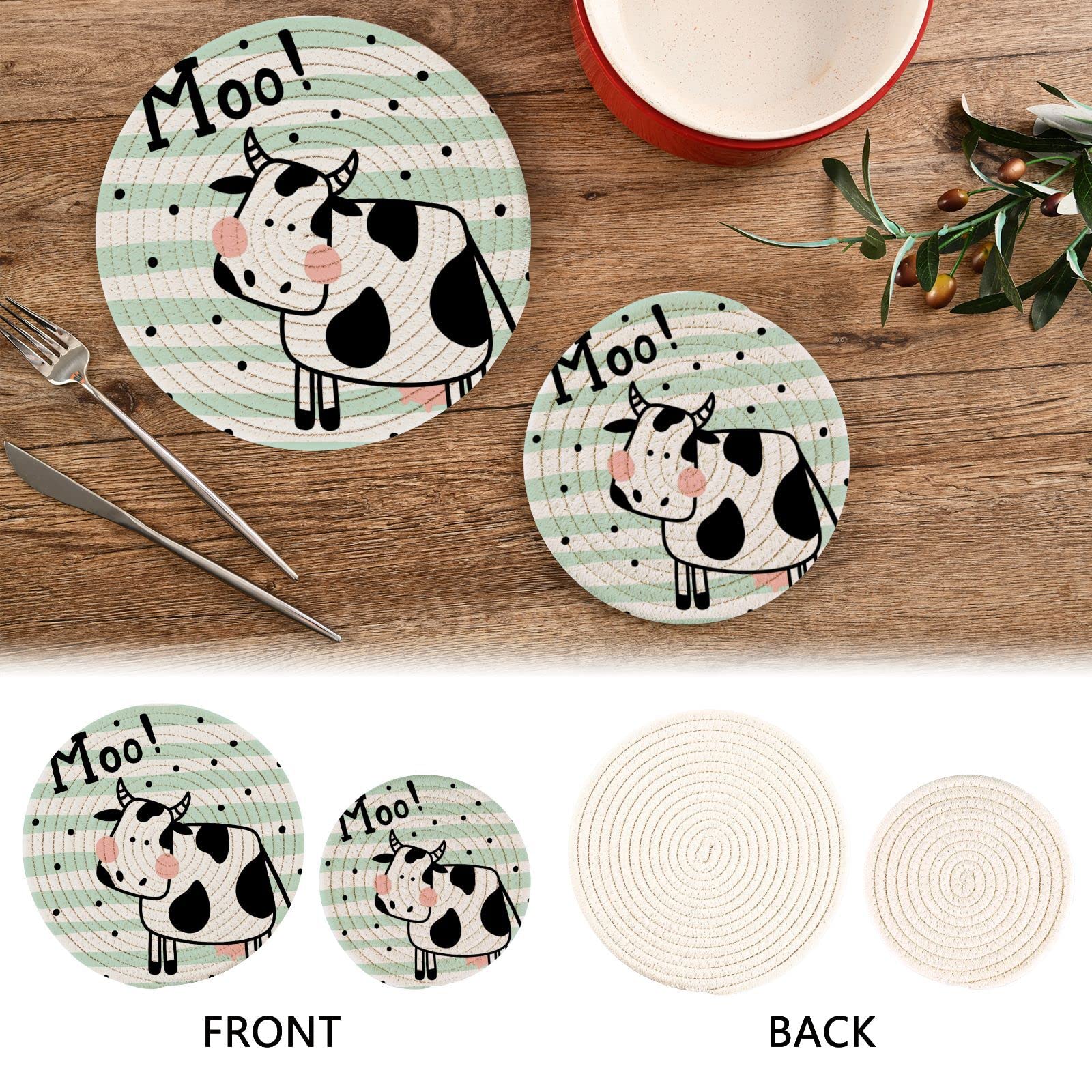 Kigai Cute Cow Pot Holders for Kitchen Round Cotton Pot Holder Set of 2, Heat Resistant Potholders Kitchen Hot Pads Trivets for Cooking and Baking