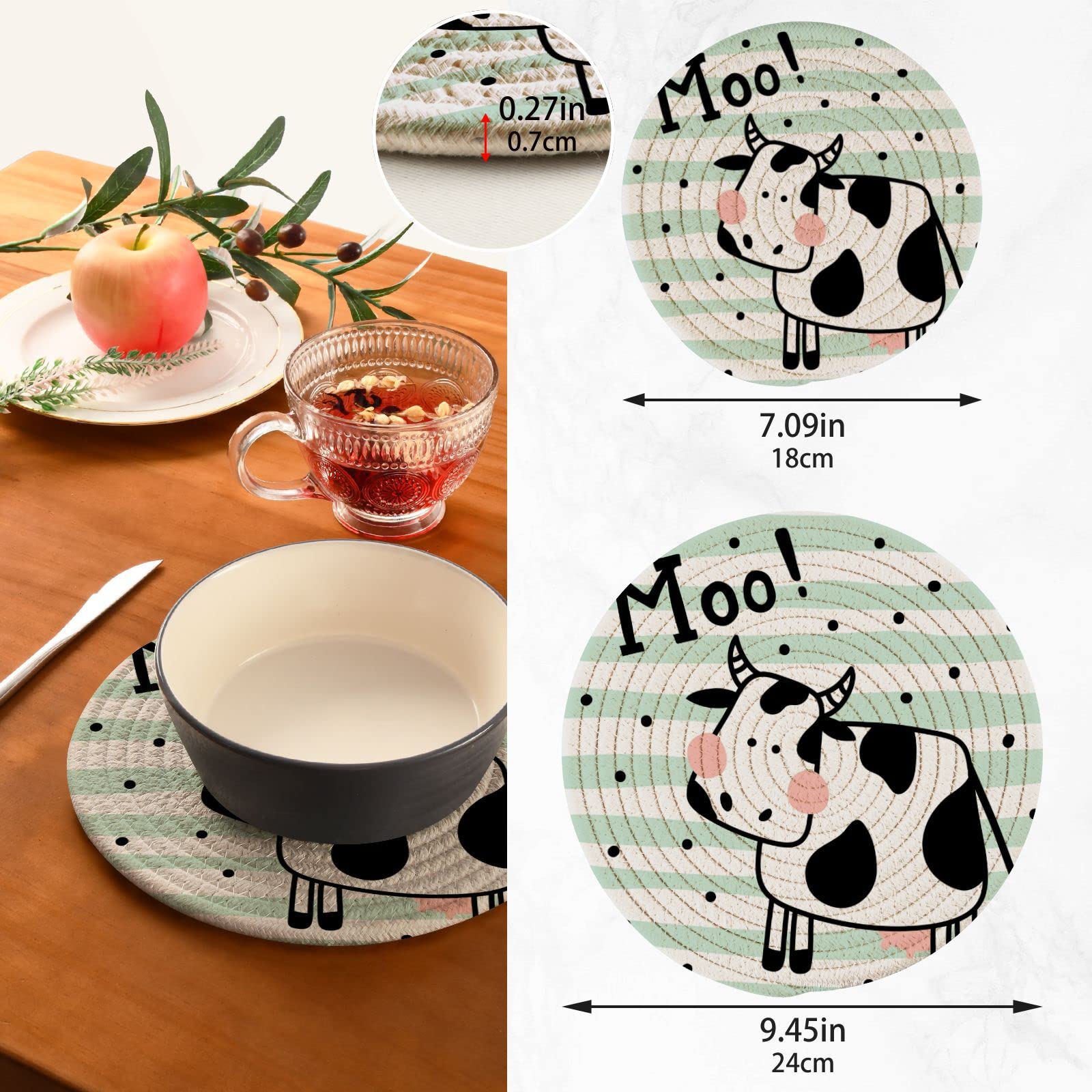 Kigai Cute Cow Pot Holders for Kitchen Round Cotton Pot Holder Set of 2, Heat Resistant Potholders Kitchen Hot Pads Trivets for Cooking and Baking