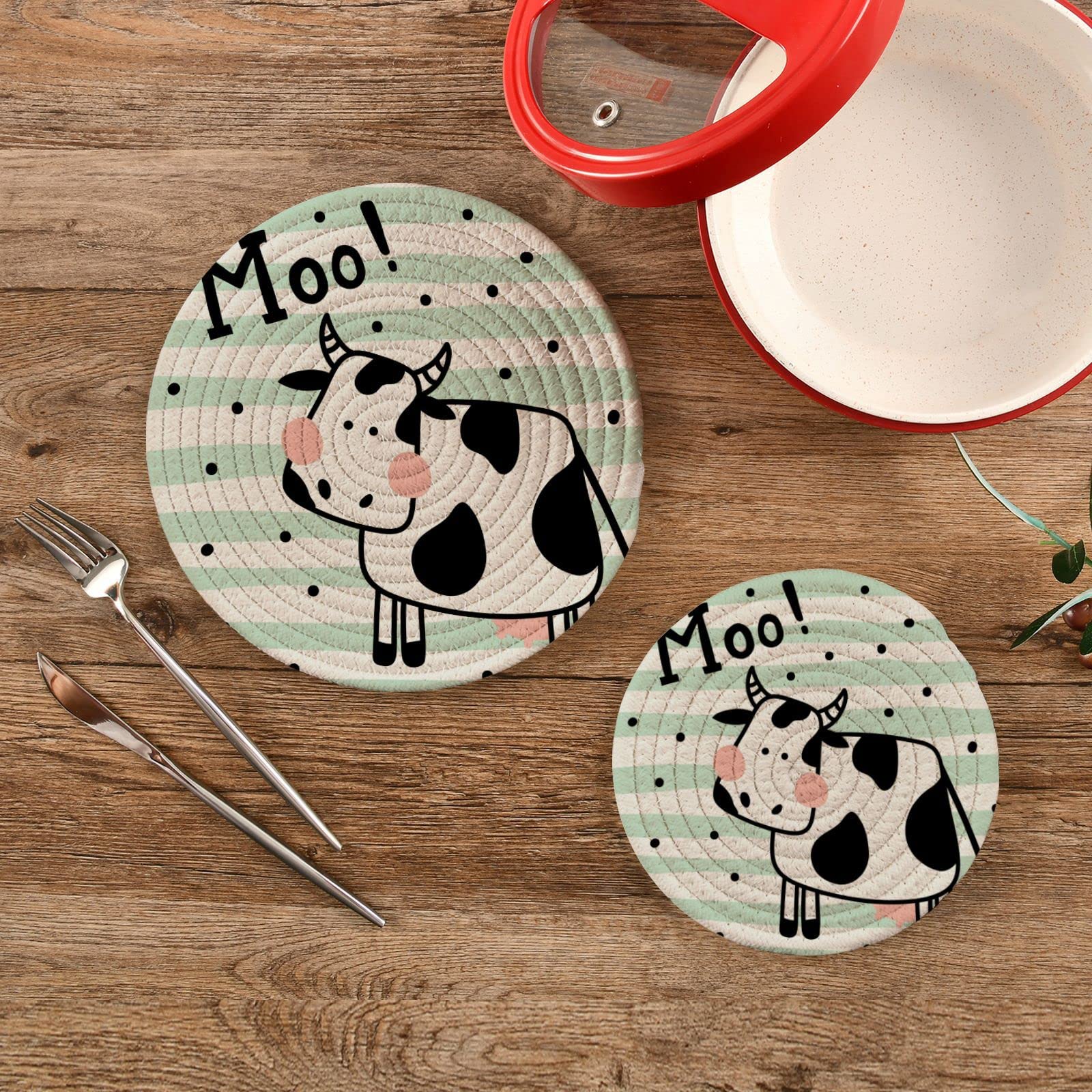 Kigai Cute Cow Pot Holders for Kitchen Round Cotton Pot Holder Set of 2, Heat Resistant Potholders Kitchen Hot Pads Trivets for Cooking and Baking