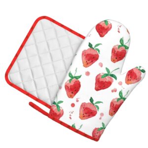 Strawberry Oven Mitts,Strawberry Pot Holders Sets Cute,Kitchen Resistant Hot Pads with Polyester Non-Slip BBQ Gloves for Kitchen, Cooking, Baking,Grilling Oven Glove