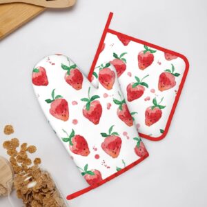 Strawberry Oven Mitts,Strawberry Pot Holders Sets Cute,Kitchen Resistant Hot Pads with Polyester Non-Slip BBQ Gloves for Kitchen, Cooking, Baking,Grilling Oven Glove