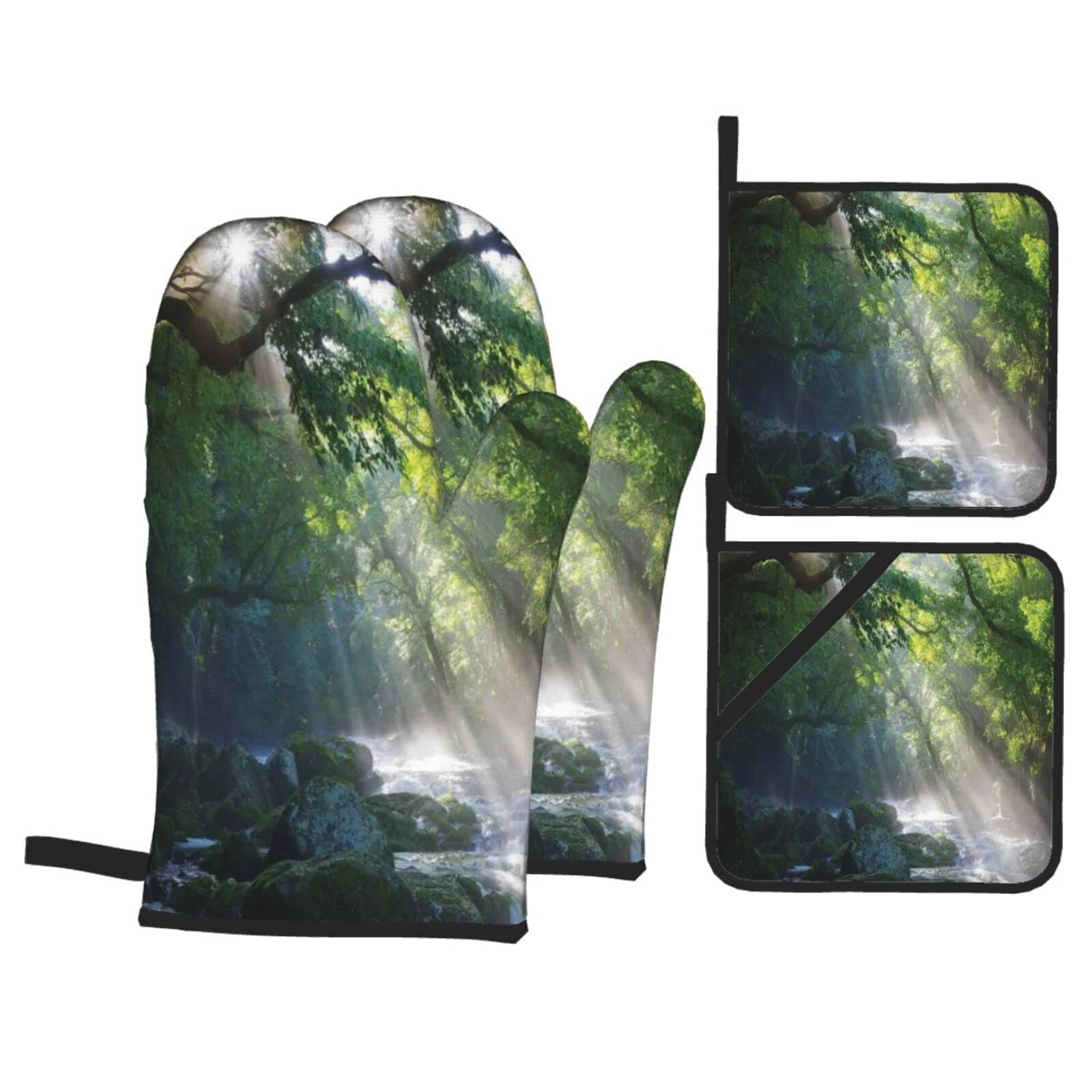 Heat Resistant Baking Gloves Cooking Hot Pads- 4 Piece Oven Mitts and Pot Holders Sets (Rainforest Stones Trees Sun Rays Theme)