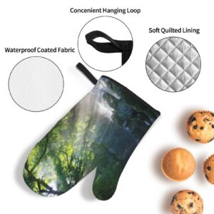 Heat Resistant Baking Gloves Cooking Hot Pads- 4 Piece Oven Mitts and Pot Holders Sets (Rainforest Stones Trees Sun Rays Theme)