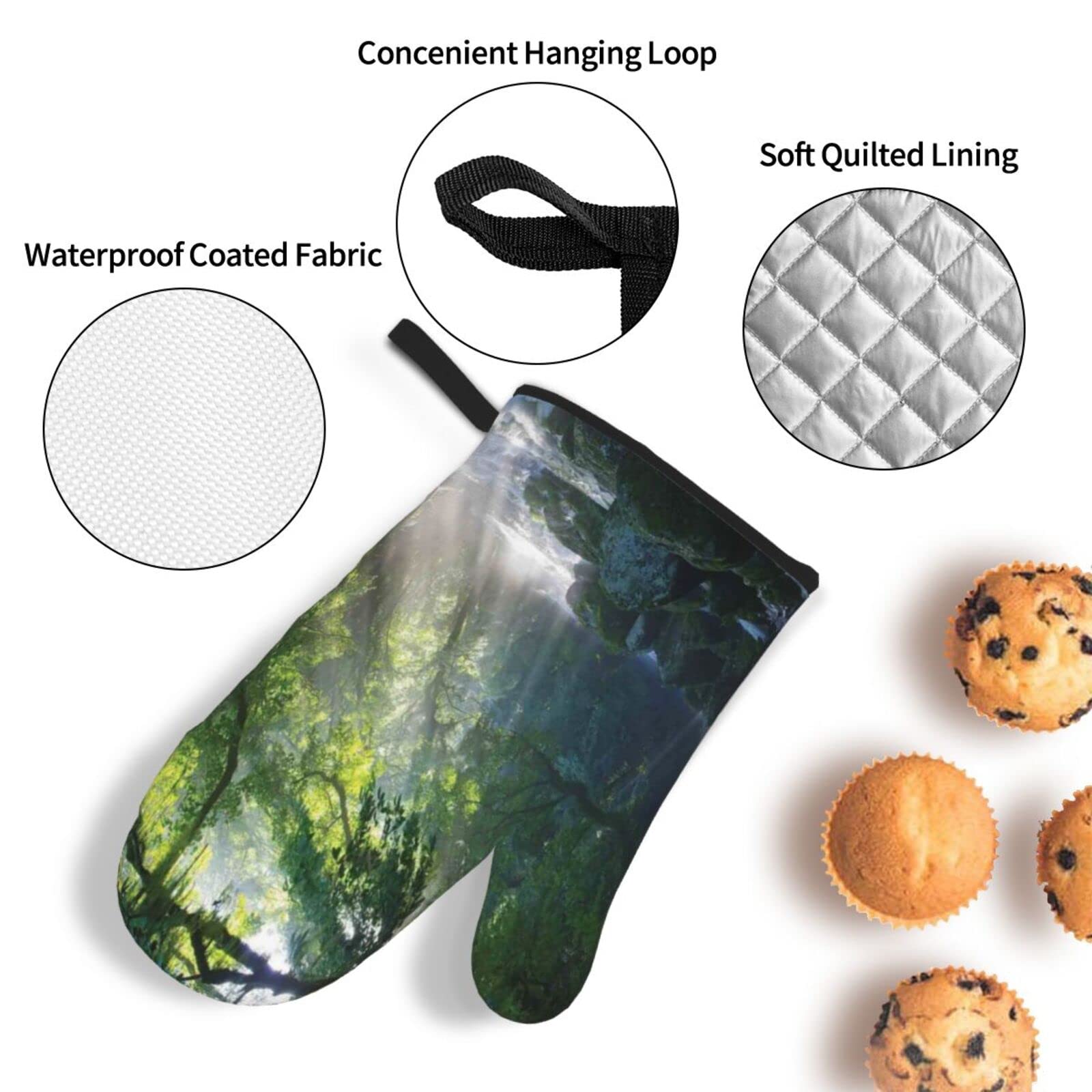 Heat Resistant Baking Gloves Cooking Hot Pads- 4 Piece Oven Mitts and Pot Holders Sets (Rainforest Stones Trees Sun Rays Theme)