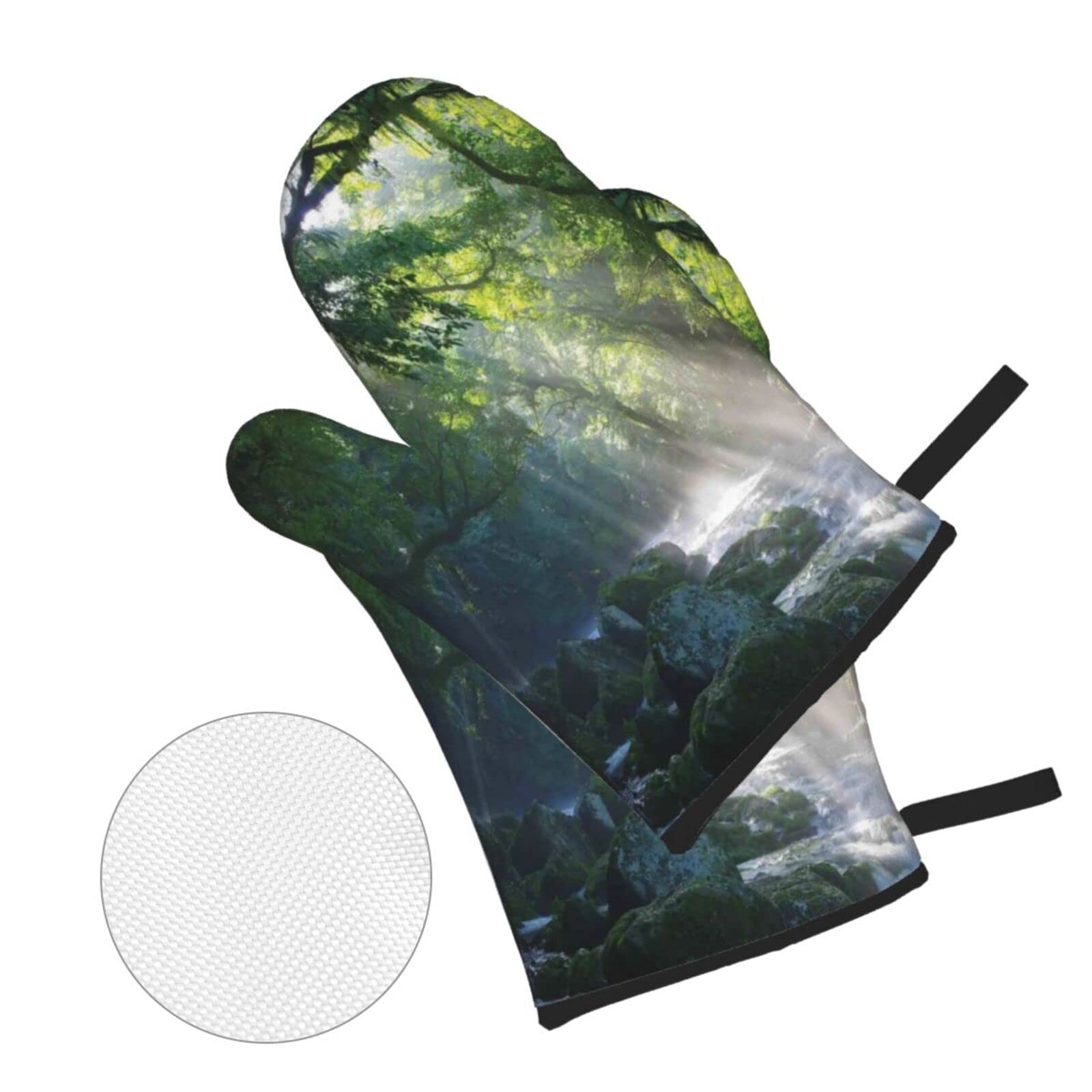 Heat Resistant Baking Gloves Cooking Hot Pads- 4 Piece Oven Mitts and Pot Holders Sets (Rainforest Stones Trees Sun Rays Theme)