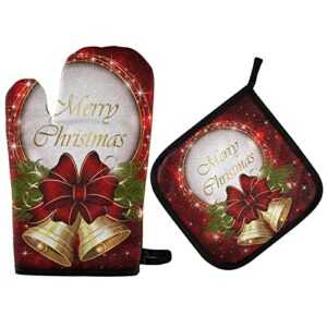 christmas bell oven mitts pot holder sets 2pcs merry christmas non-slip kitchen heat resistant hot pads for women cooking gloves baking wear bbq