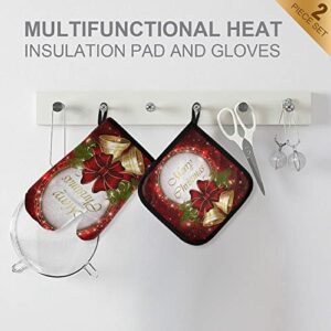 Christmas Bell Oven Mitts Pot Holder Sets 2pcs Merry Christmas Non-Slip Kitchen Heat Resistant Hot Pads for Women Cooking Gloves Baking Wear BBQ