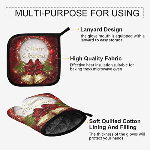 Christmas Bell Oven Mitts Pot Holder Sets 2pcs Merry Christmas Non-Slip Kitchen Heat Resistant Hot Pads for Women Cooking Gloves Baking Wear BBQ