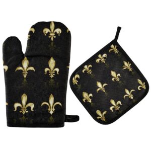 gold golden fleur de lis design collection sets seamless on black oven mitts pot holders sets, potholder hot pads heat resistant kitchen oven gloves for cooking baking grilling barbecue