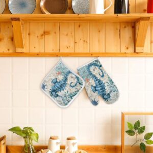 Kitchen Oven Mitts and Potholders Set, Seahorse Ocean Animal Nautical Map Heat Resistant Padded Cooking Gloves&Pot Holder Non-Slip for BBQ Baking Grilling, Retro