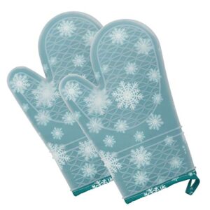 silicone oven mitts with transparent clear silicone shell and snowflake printing cotton lining, heat resistant kitchen oven gloves pot holder for cooking, baking, grilling, barbecue potholders