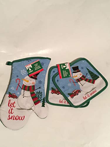 3 Piece Set - Christmas Holiday Kitchen Oven Mitt & One Set of 2 Pot Holders (Snow Man)