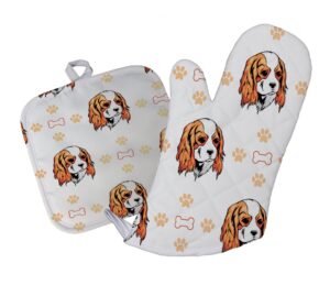 style in print cavalier king charles spaniel dog bones paws kitchen oven mitt & pot holder set