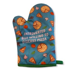 introverted but willing to discuss pizza funny baking cooking graphic kitchen accessories funny graphic kitchenwear funny food novelty cookware blue oven mitt