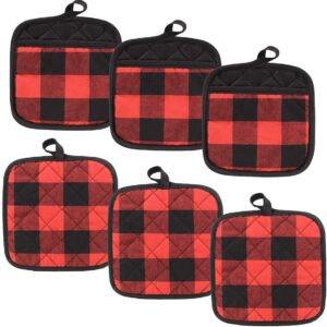 N//A 4/6 Pack Buffalo Check Plaid Pot Holders with Pocket,Kitchen Hot Pad Oven Mitts for Cooking and Baking Square 7.9" X 9.1" (Red, 6 Pack)