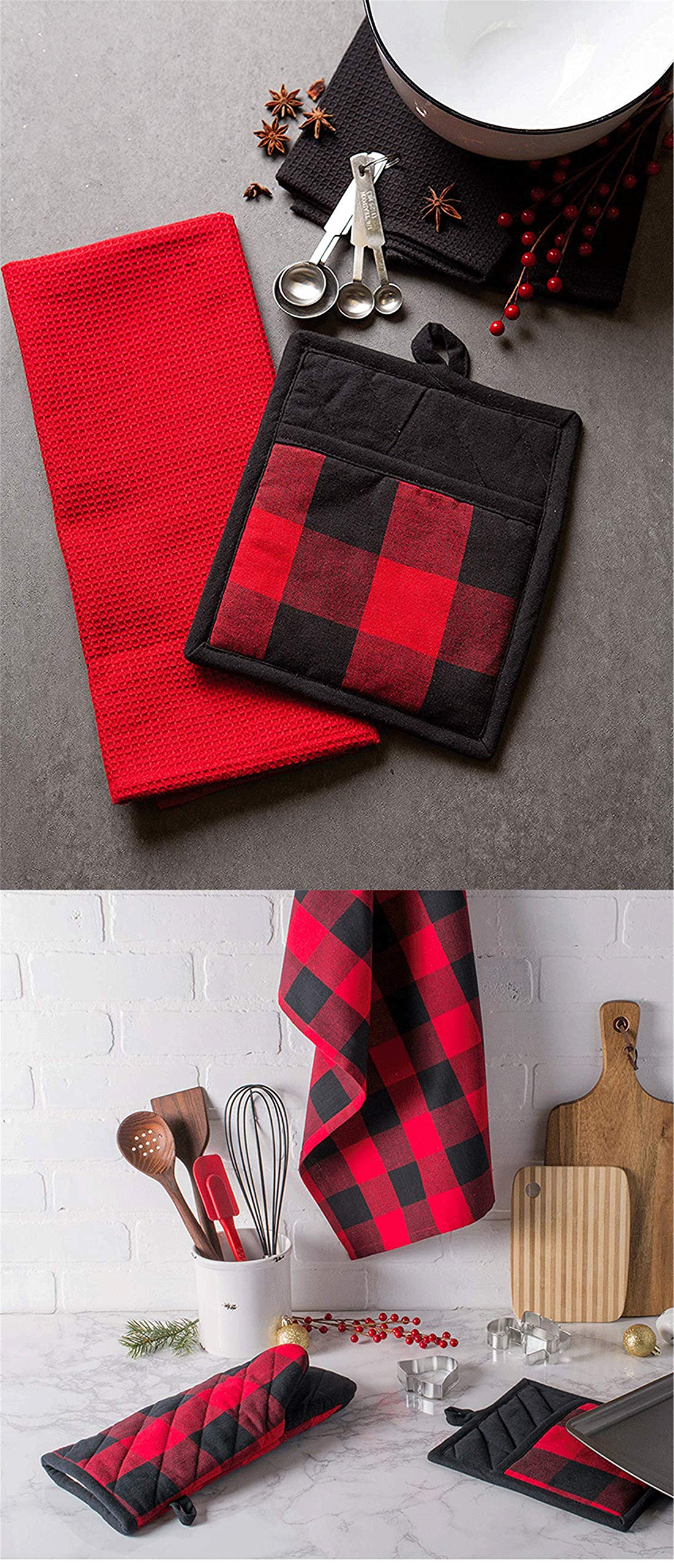 N//A 4/6 Pack Buffalo Check Plaid Pot Holders with Pocket,Kitchen Hot Pad Oven Mitts for Cooking and Baking Square 7.9" X 9.1" (Red, 6 Pack)