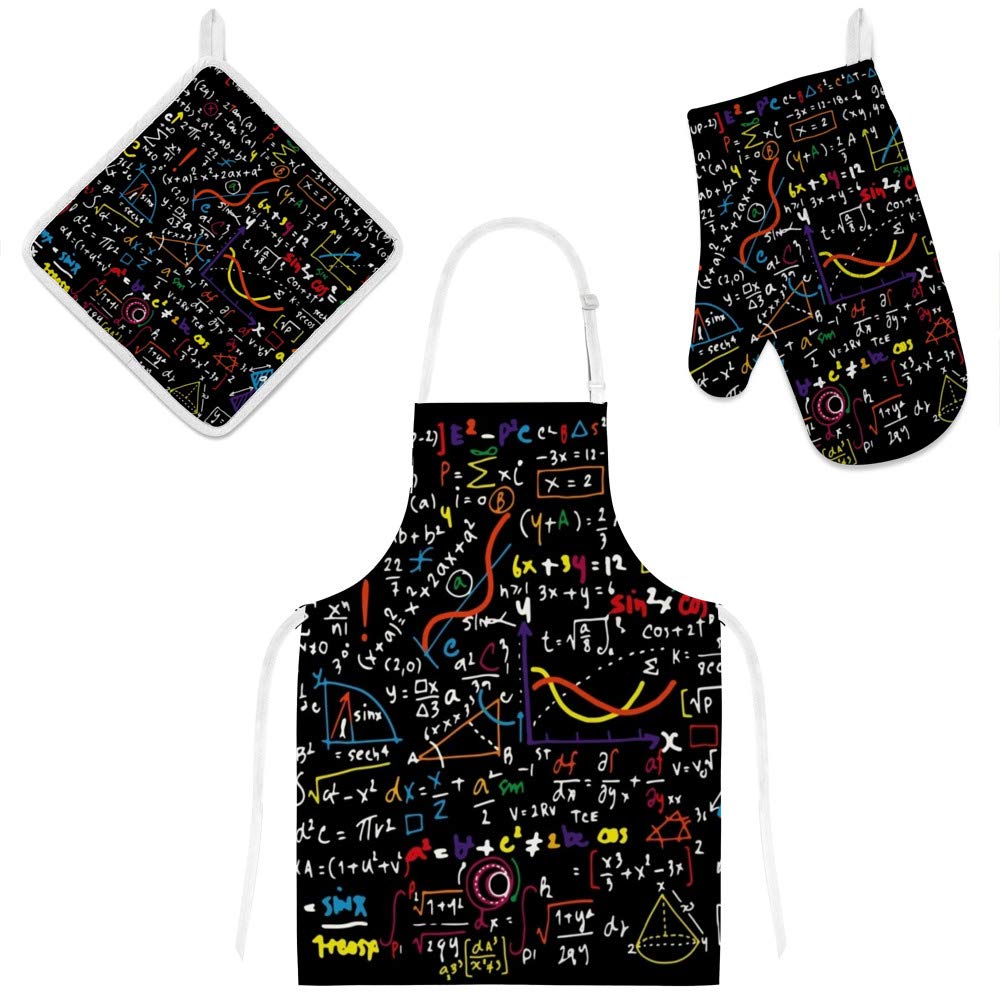 My Daily Cooking Apron with Pockets, Oven Mitt and Pot Holder Set, Funny Math Doodle Colorful Adjustable Apron, Microwave Glove, Potholder 3 Piece, Kitchen Gift Set