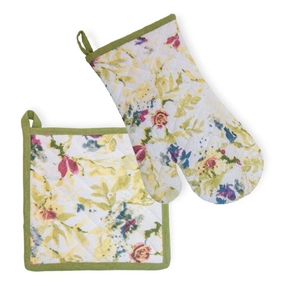 Boston International Cotton Oven Mitt and Pot Holder Kitchen Essentials, Set of 2, Packed Flowers