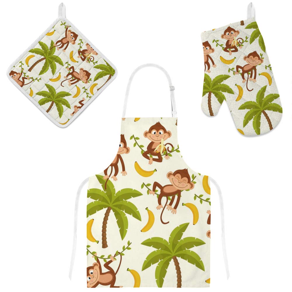 Top Carpenter Polyester Insulation Kitchen Oven Mitts Potholder Apron 3Pcs Set Monkey On Palm Tree Non Slip Heat Resistant Gloves for Baking Cooking BBQ