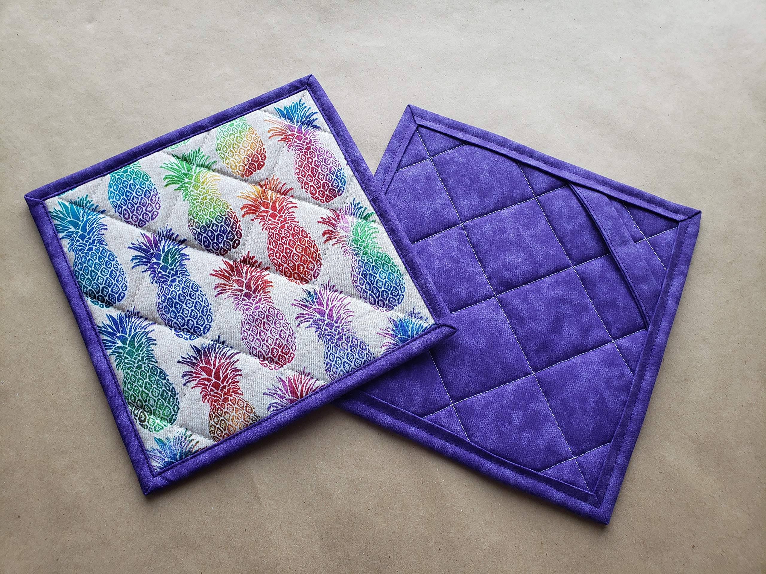 Rainbow Pineapple Potholders Set of 2 Handmade Hospitality Hostess Gifts Under 20 Summer Kitchen Linens Insulated Hot Pads Pair Quilted Trivets Charleston SC Themed Kitchen Decor