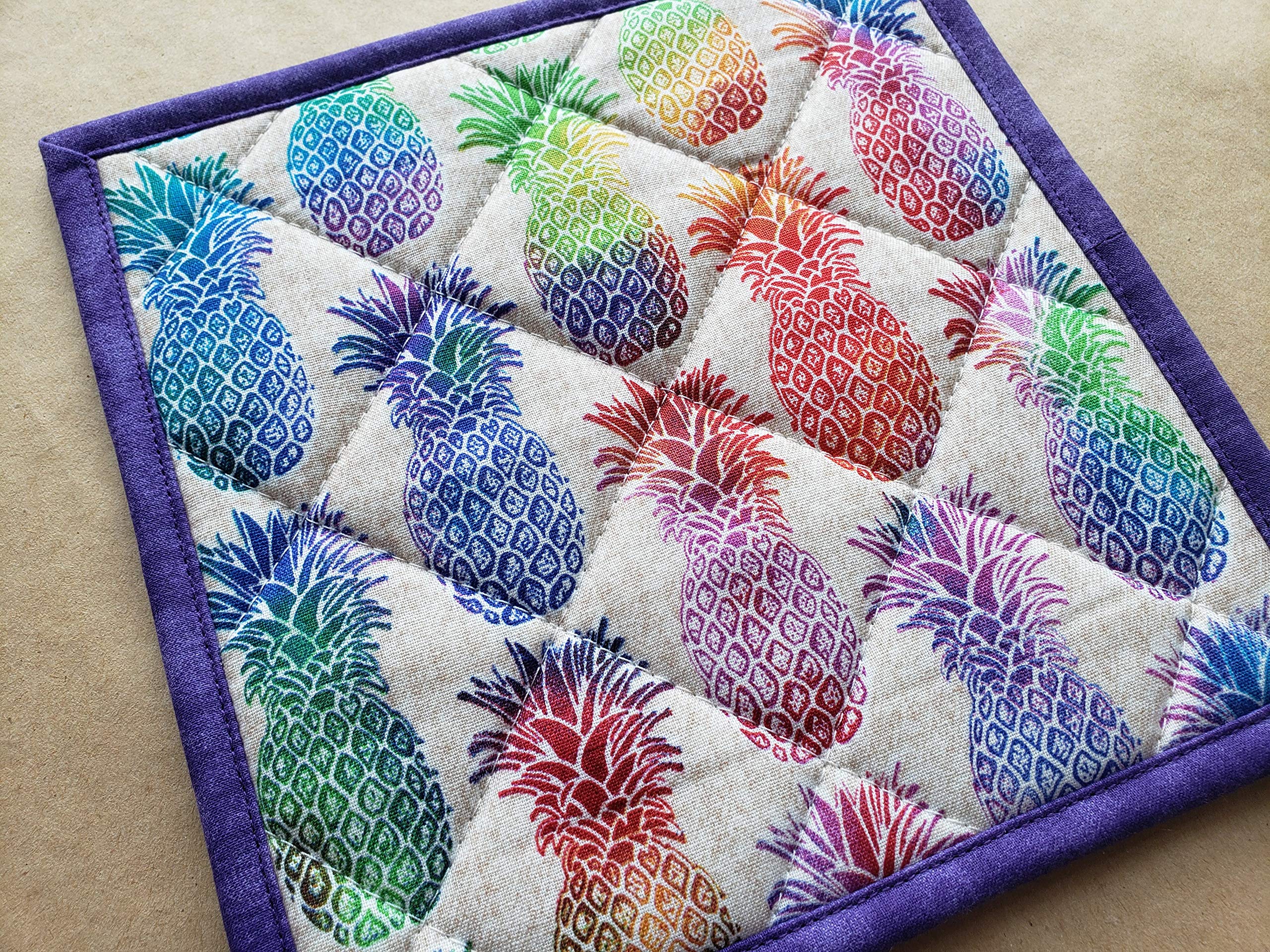 Rainbow Pineapple Potholders Set of 2 Handmade Hospitality Hostess Gifts Under 20 Summer Kitchen Linens Insulated Hot Pads Pair Quilted Trivets Charleston SC Themed Kitchen Decor