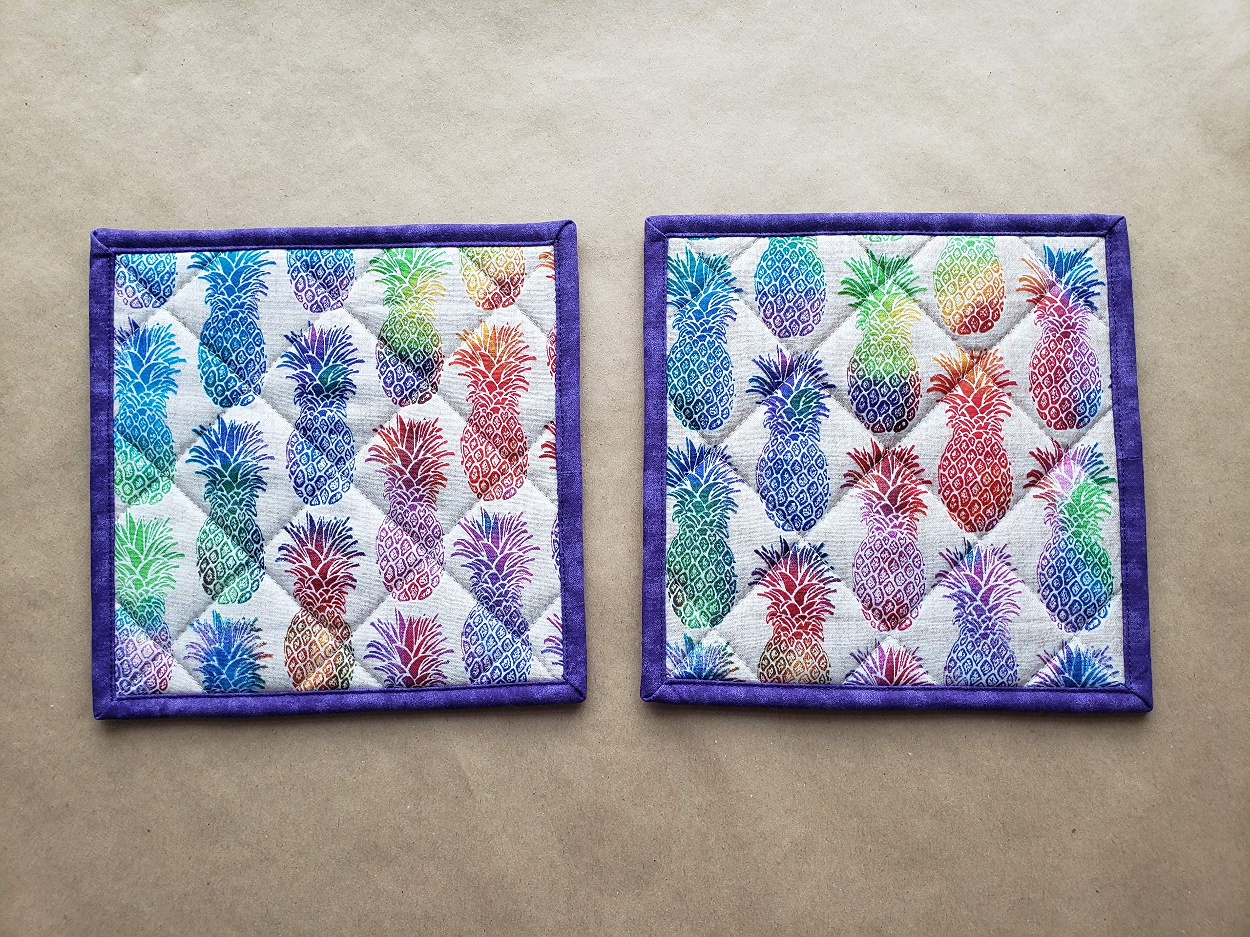 Rainbow Pineapple Potholders Set of 2 Handmade Hospitality Hostess Gifts Under 20 Summer Kitchen Linens Insulated Hot Pads Pair Quilted Trivets Charleston SC Themed Kitchen Decor