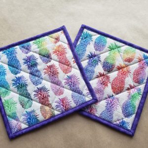 Rainbow Pineapple Potholders Set of 2 Handmade Hospitality Hostess Gifts Under 20 Summer Kitchen Linens Insulated Hot Pads Pair Quilted Trivets Charleston SC Themed Kitchen Decor