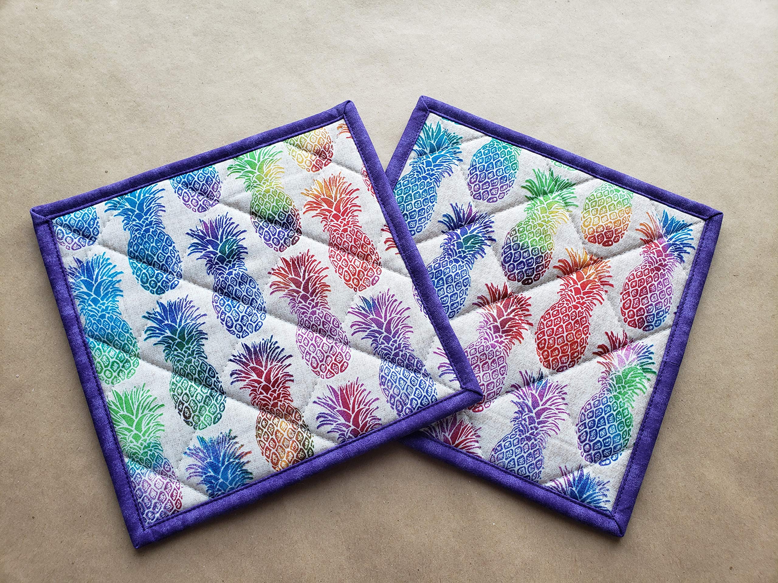 Rainbow Pineapple Potholders Set of 2 Handmade Hospitality Hostess Gifts Under 20 Summer Kitchen Linens Insulated Hot Pads Pair Quilted Trivets Charleston SC Themed Kitchen Decor