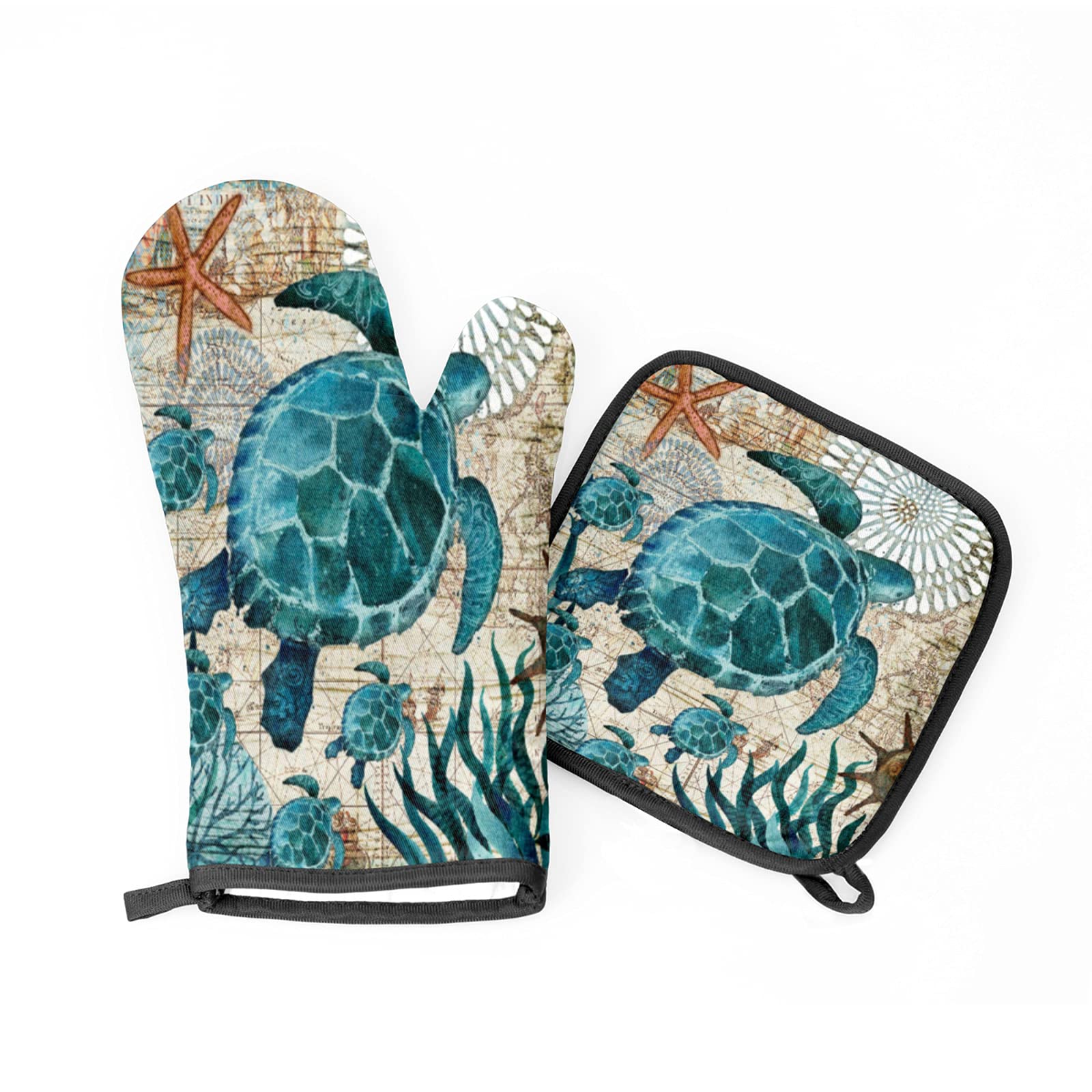 Sea Turtle Oven Mitts and Pot Holders 2pcs, Ocean Animal Hot Pads Kitchen Heat Resistant Non-Slip Textured Potholders Set for Cooking Oven Gloves Baking BBQ