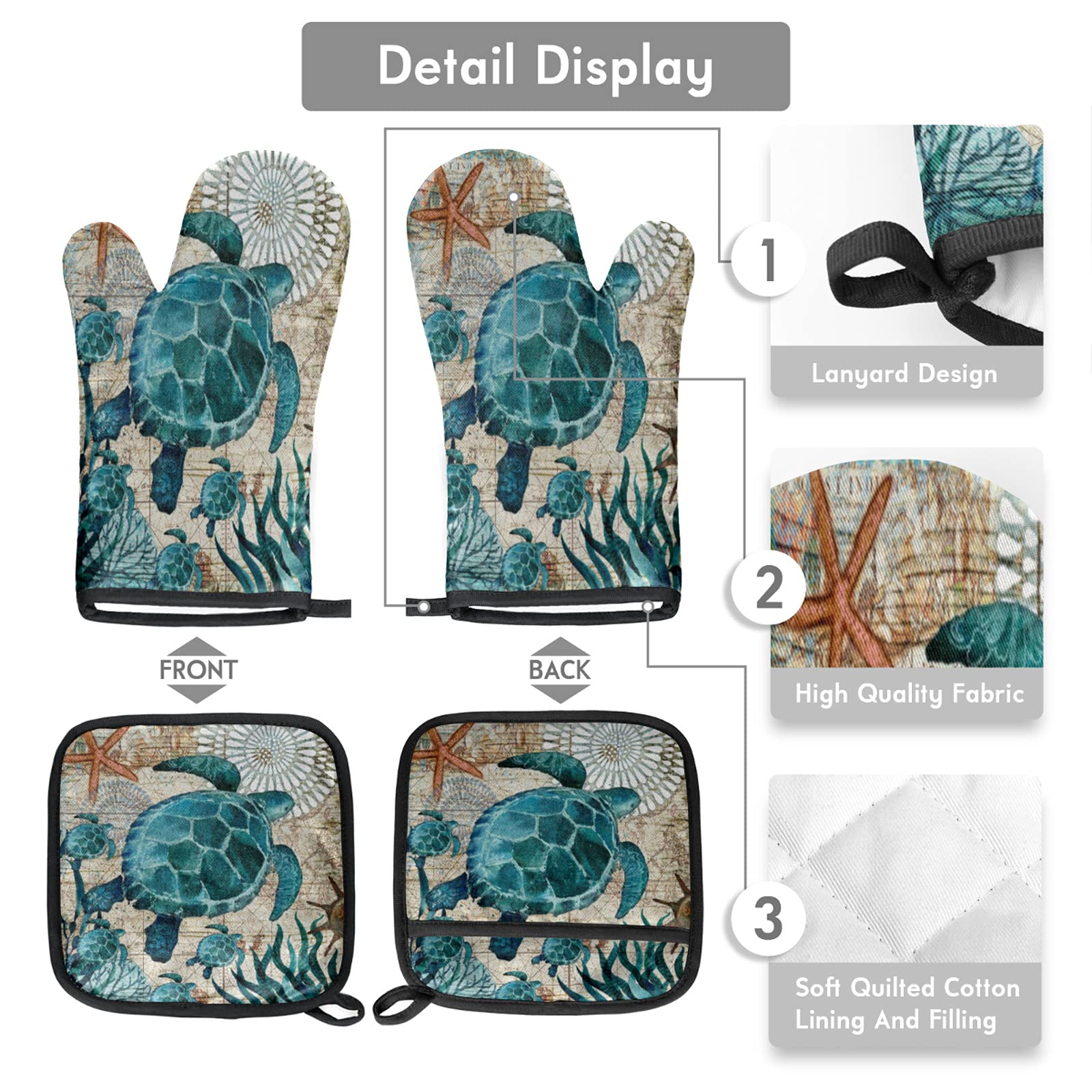 Sea Turtle Oven Mitts and Pot Holders 2pcs, Ocean Animal Hot Pads Kitchen Heat Resistant Non-Slip Textured Potholders Set for Cooking Oven Gloves Baking BBQ