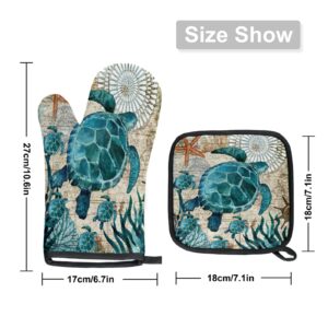 Sea Turtle Oven Mitts and Pot Holders 2pcs, Ocean Animal Hot Pads Kitchen Heat Resistant Non-Slip Textured Potholders Set for Cooking Oven Gloves Baking BBQ