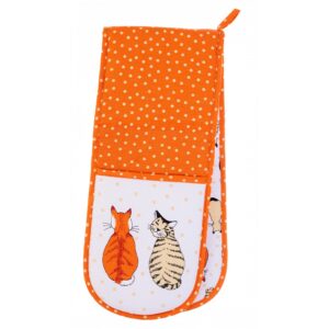 ulster weavers double oven glove - heat resistant, 100% cotton & polyester, machine washable - perfect for cooking, baking and serving, animal theme, cats in waiting, orange