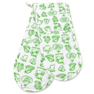 kitchen bbq double oven mitts gloves | extra long & thick, heat resistant | quilted cloth attached 1 piece oven gloves | 100% cotton green fun tea coffee cake pattern pot holder